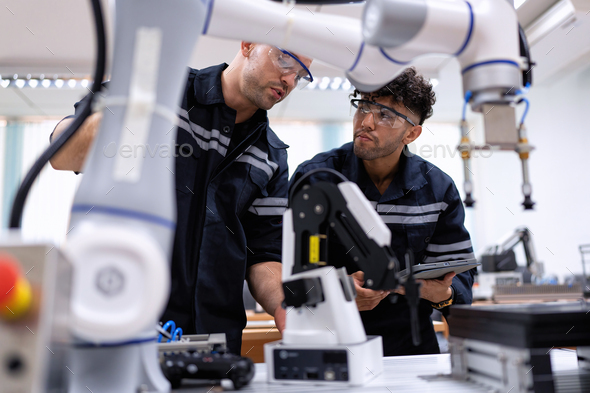 Engineer sitting in robot fabrication room quality checking robot arm ...