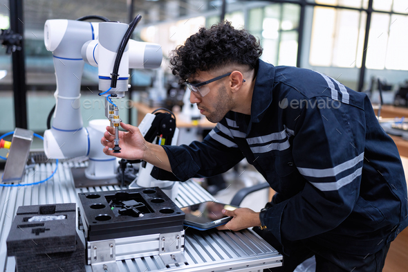 Engineer sitting in robot fabrication room quality checking robot arm ...