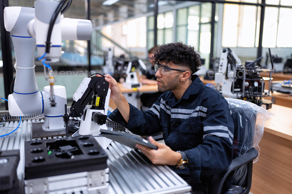 Engineer sitting in robot fab. room use tablet pc quality check robot ...