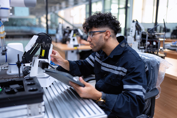 Engineer sitting in robot fab. room use tablet pc quality check robot ...