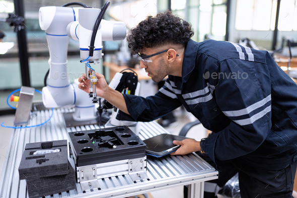 Engineer sitting in robot fabrication room quality checking robot arm ...