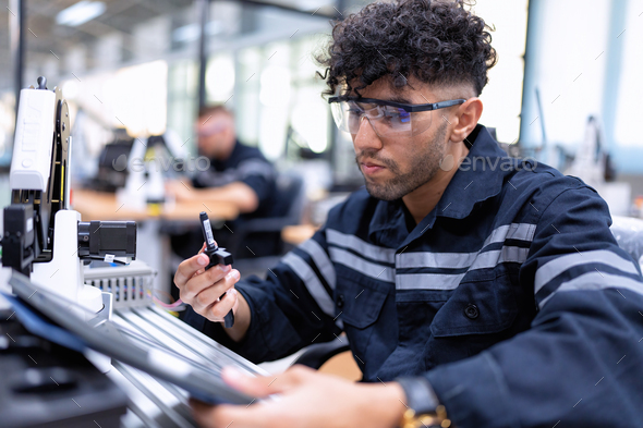 Engineer sitting in robot fabrication room quality checking robot arm ...