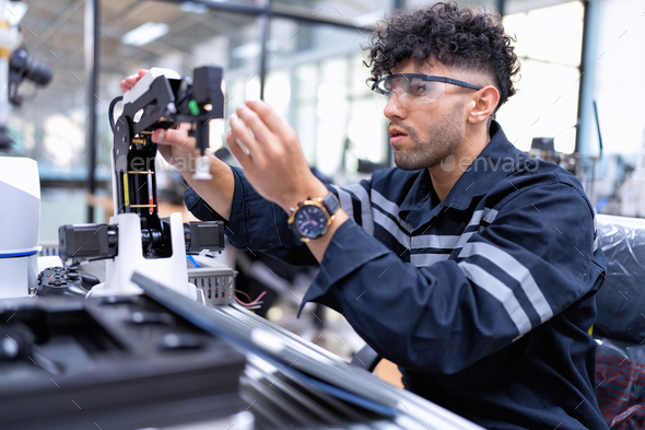 Engineer sitting in robot fabrication room quality checking robot arm ...
