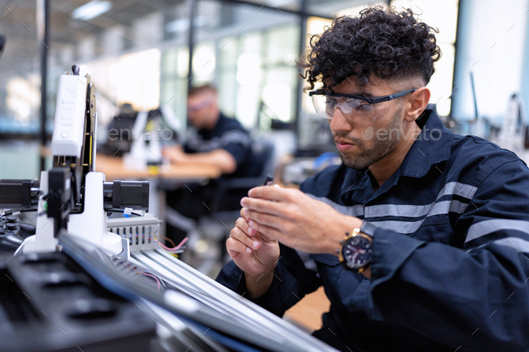Engineer sitting in robot fabrication room quality checking robot arm ...