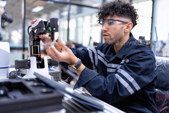 Engineer sitting in robot fabrication room quality checking robot arm ...