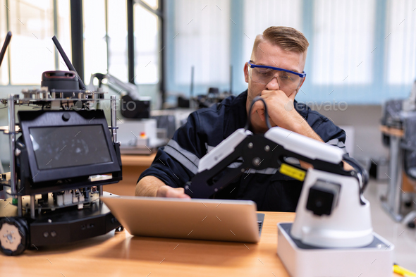 Engineer sitting in robot fab. room use laptop quality check and detail ...