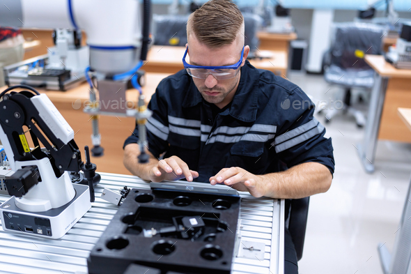 Engineer sitting in robot fabrication room quality checking robot arm ...
