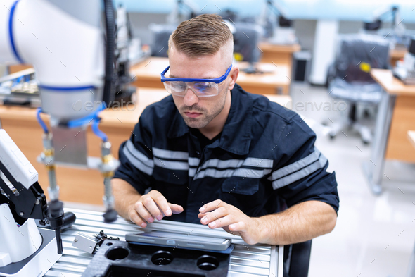 Engineer sitting in robot fabrication room quality checking robot arm ...