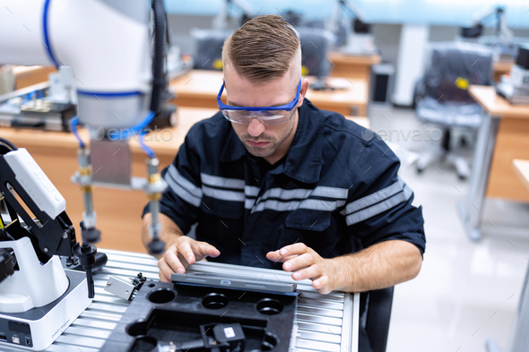 Engineer sitting in robot fabrication room quality checking robot arm ...