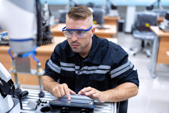 Engineer sitting in robot fabrication room quality checking robot arm ...