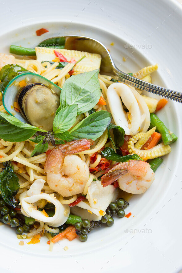 Sea Spaghetti Delicious popular art of Thailand. Stock Photo by 924Kunnapat