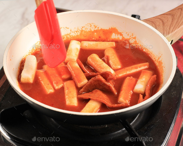 Cooking Process Topokki or Tteokbokki is Stir-fried Rice Cake with ...