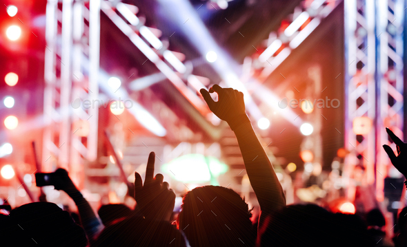 Crowd of concert stage lights and people fan audience silhouette ...