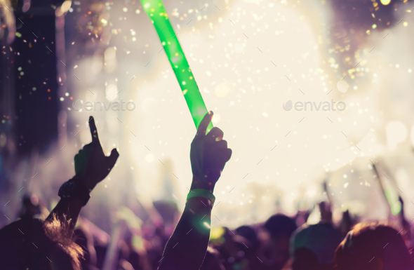 Crowd of concert stage lights and people fan audience silhouette ...