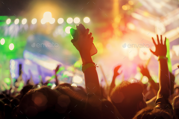 Crowd of concert stage lights and people fan audience silhouette ...