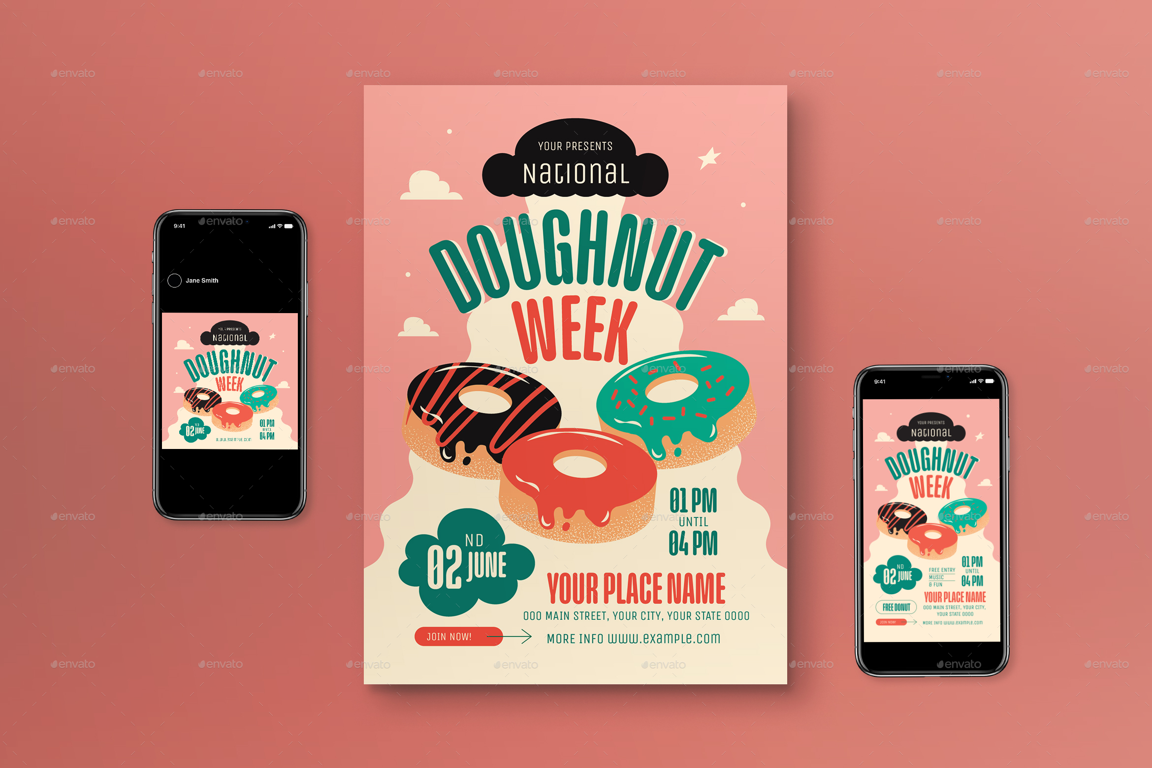 Pink Flat Design National Doughnut Week Flyer Set, Print Templates