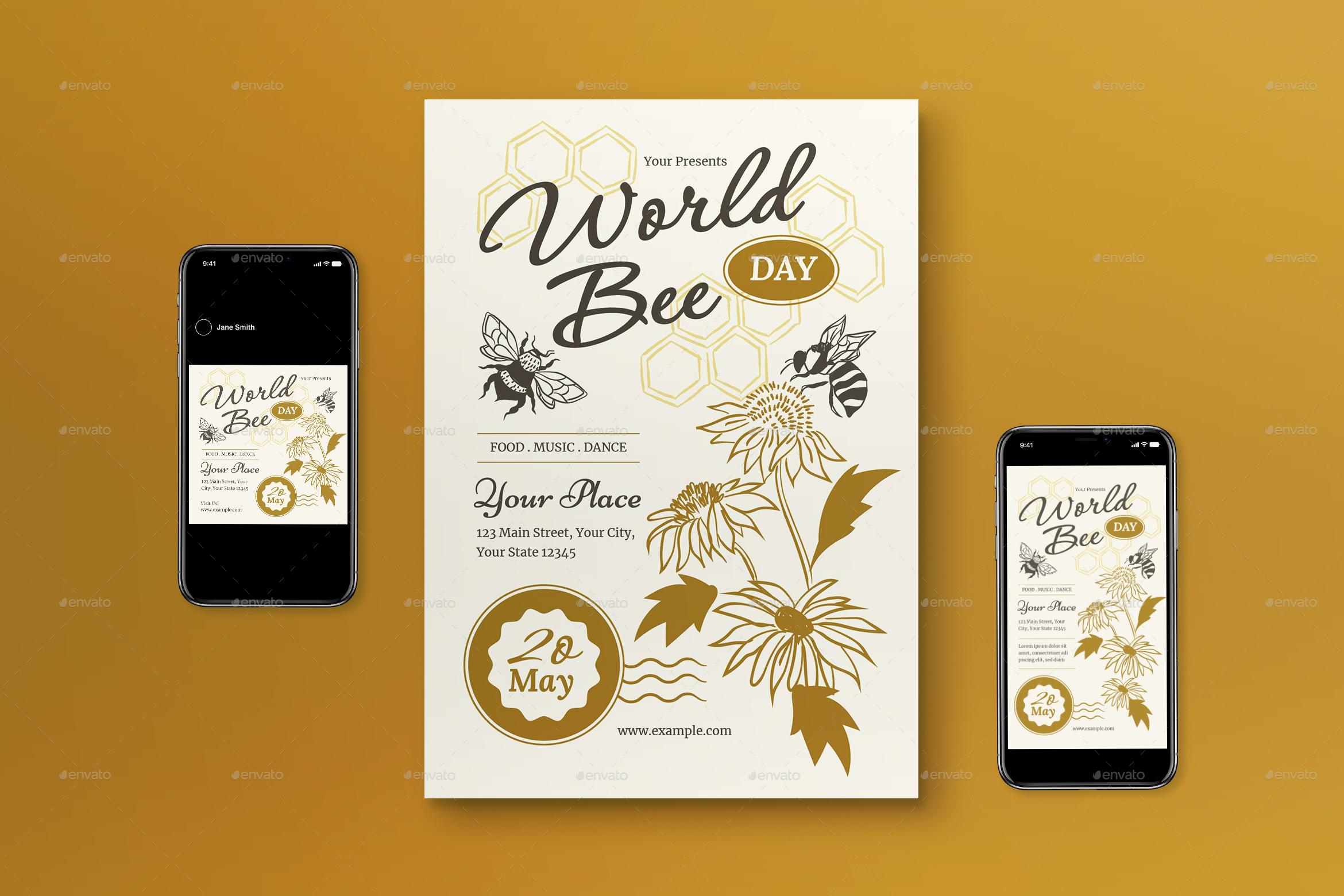Cream Hand Drawn World Bee Day Flyer Set, Print Templates | GraphicRiver