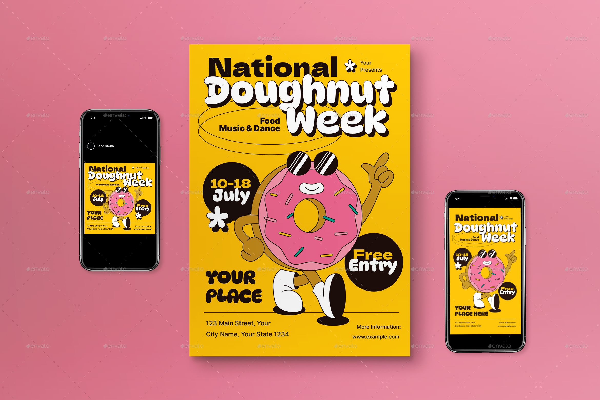 Yellow Modern National Doughnut Week Flyer Set, Print Templates ...