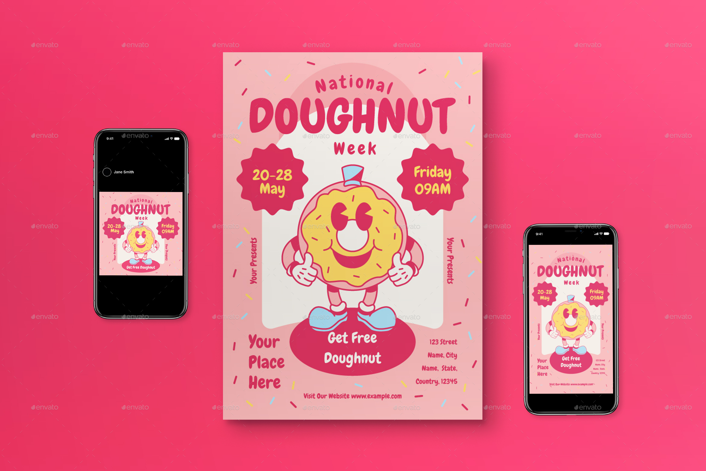 Pink Retro Cartoon National Doughnut Week Flyer Set, Print Templates