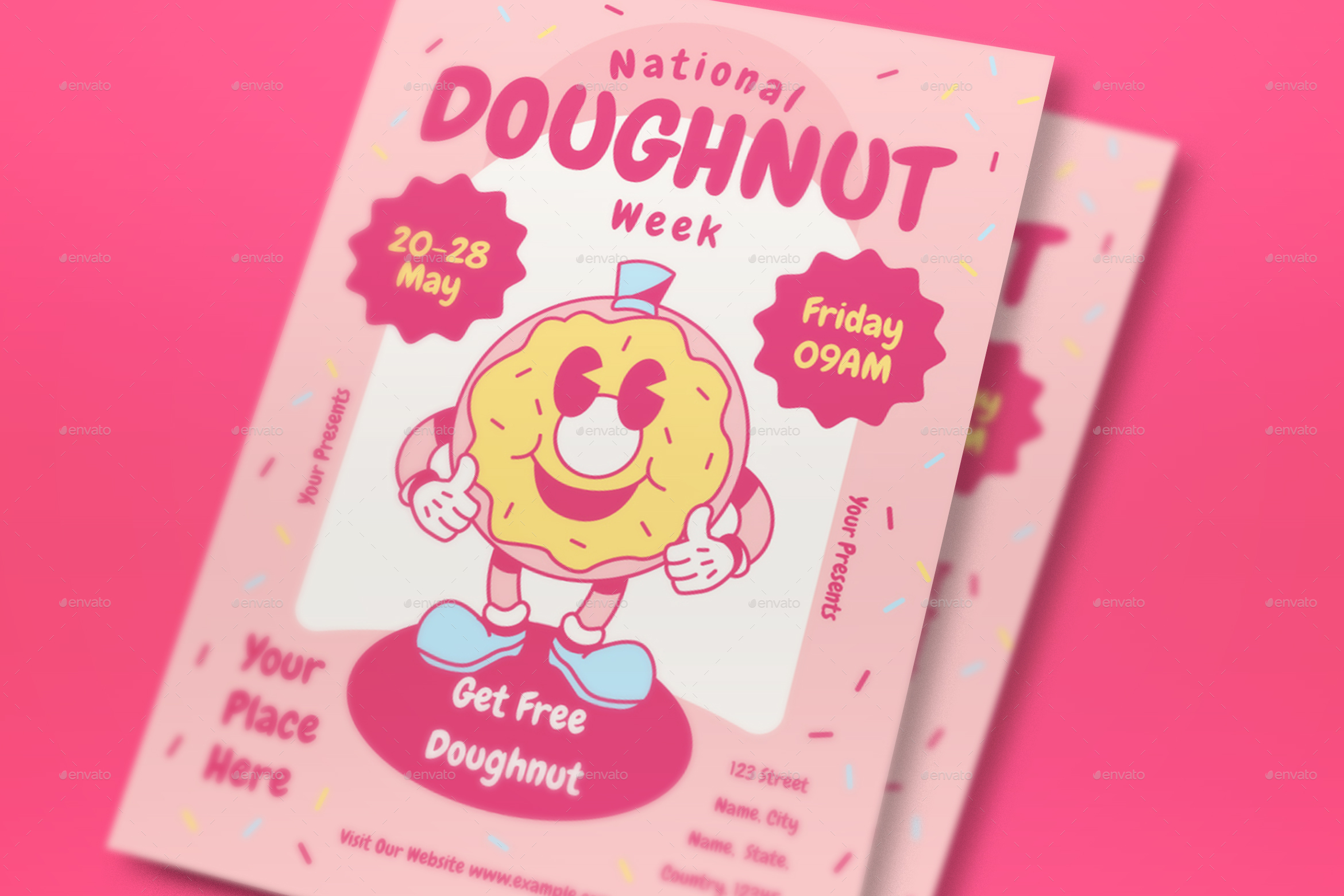 Pink Retro Cartoon National Doughnut Week Flyer Set, Print Templates