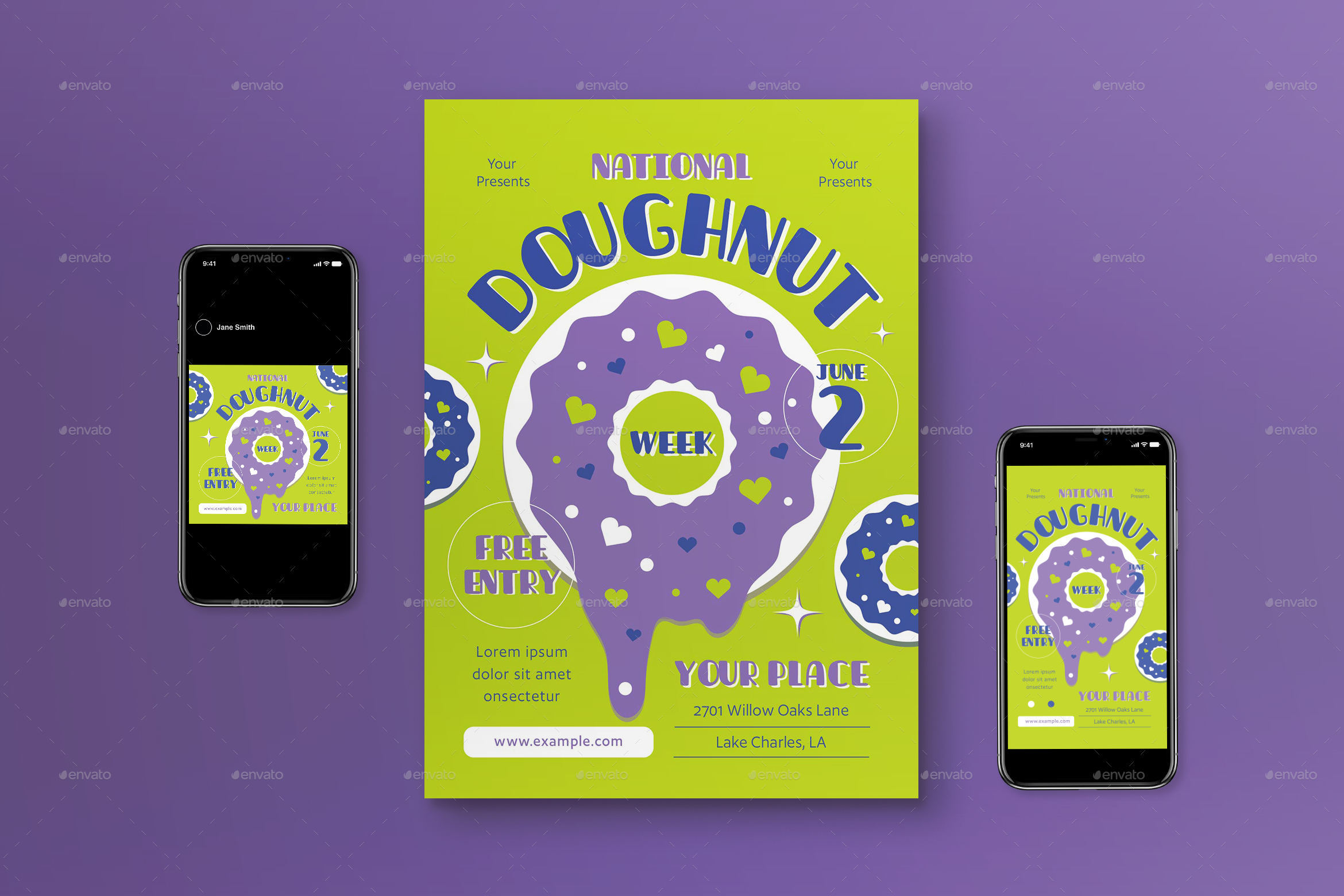 Green Flat Design National Doughnut Week Flyer Set, Print Templates