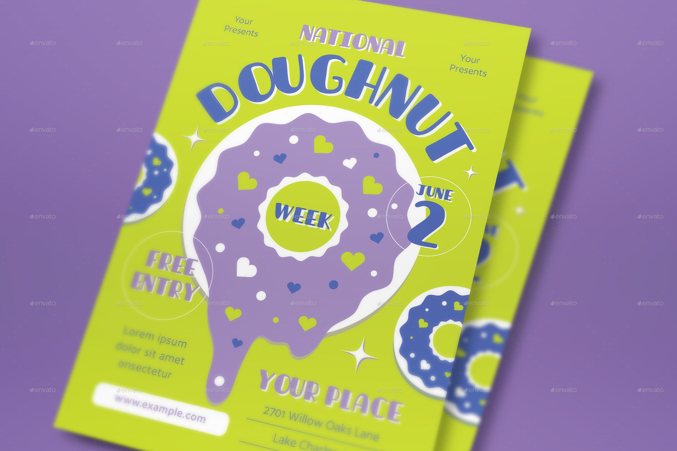 Green Flat Design National Doughnut Week Flyer Set, Print Templates