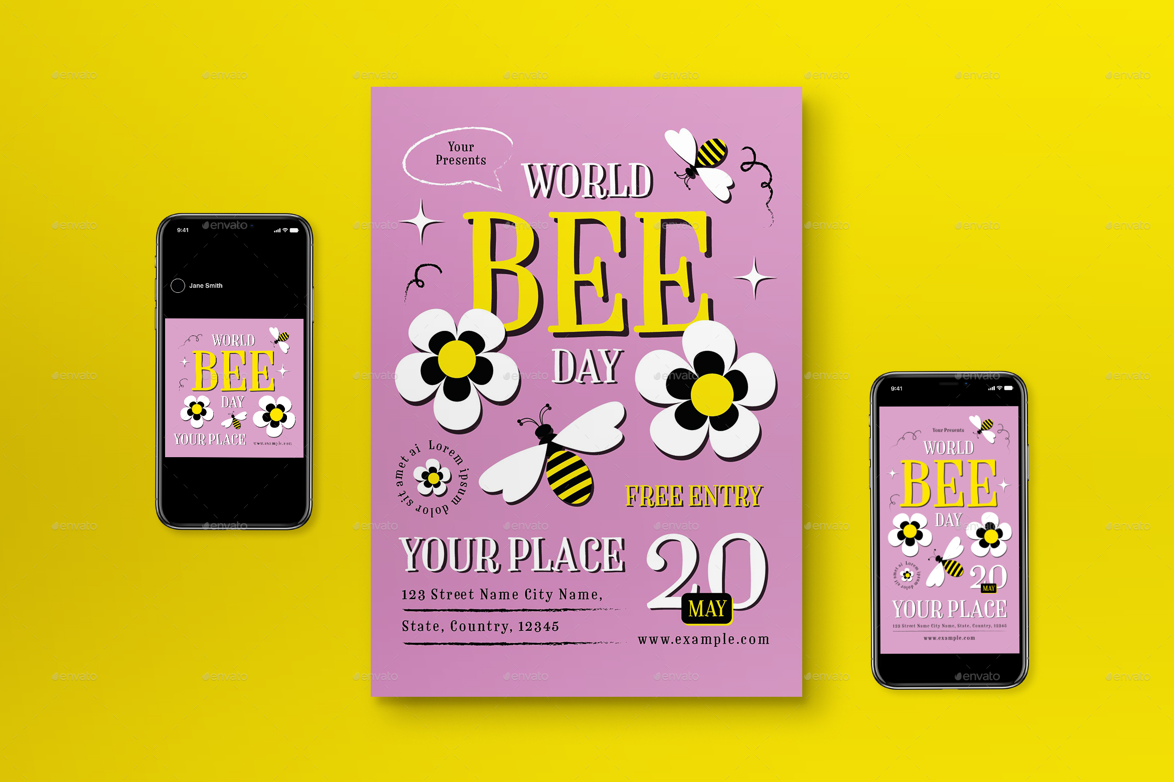 Pink Flat Design World Bee Day Flyer Set, Print Templates | GraphicRiver