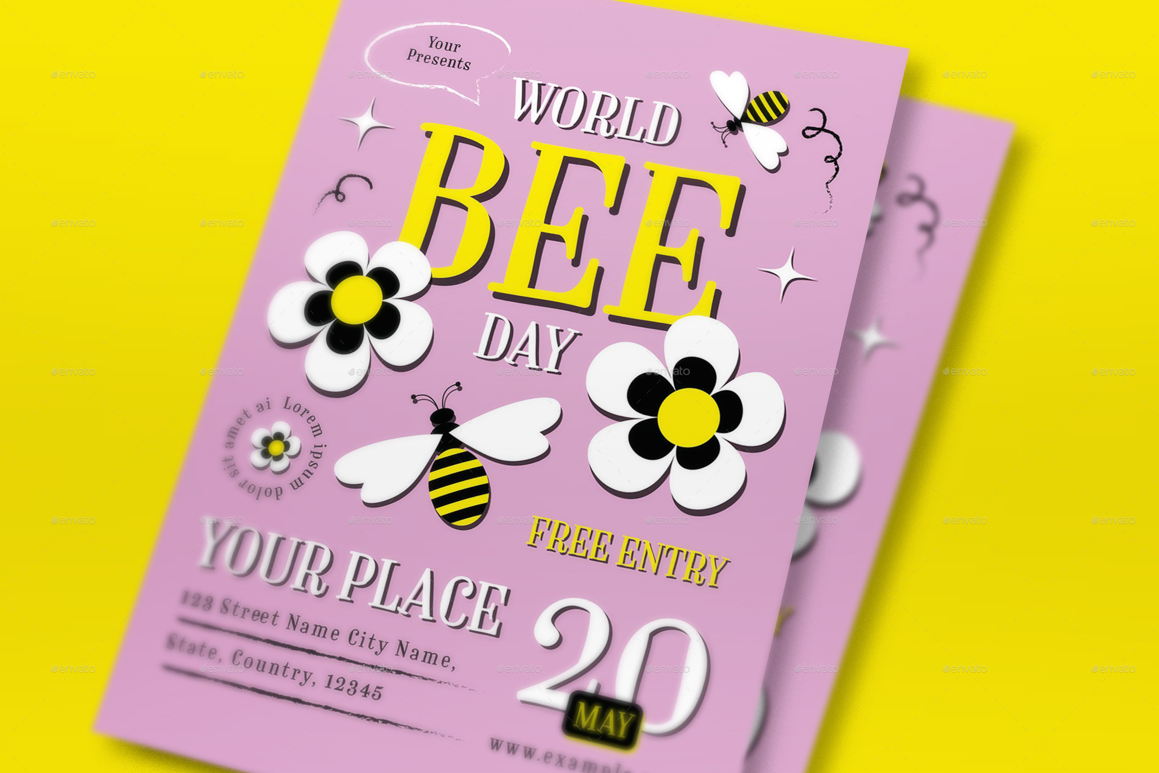 Pink Flat Design World Bee Day Flyer Set, Print Templates | GraphicRiver