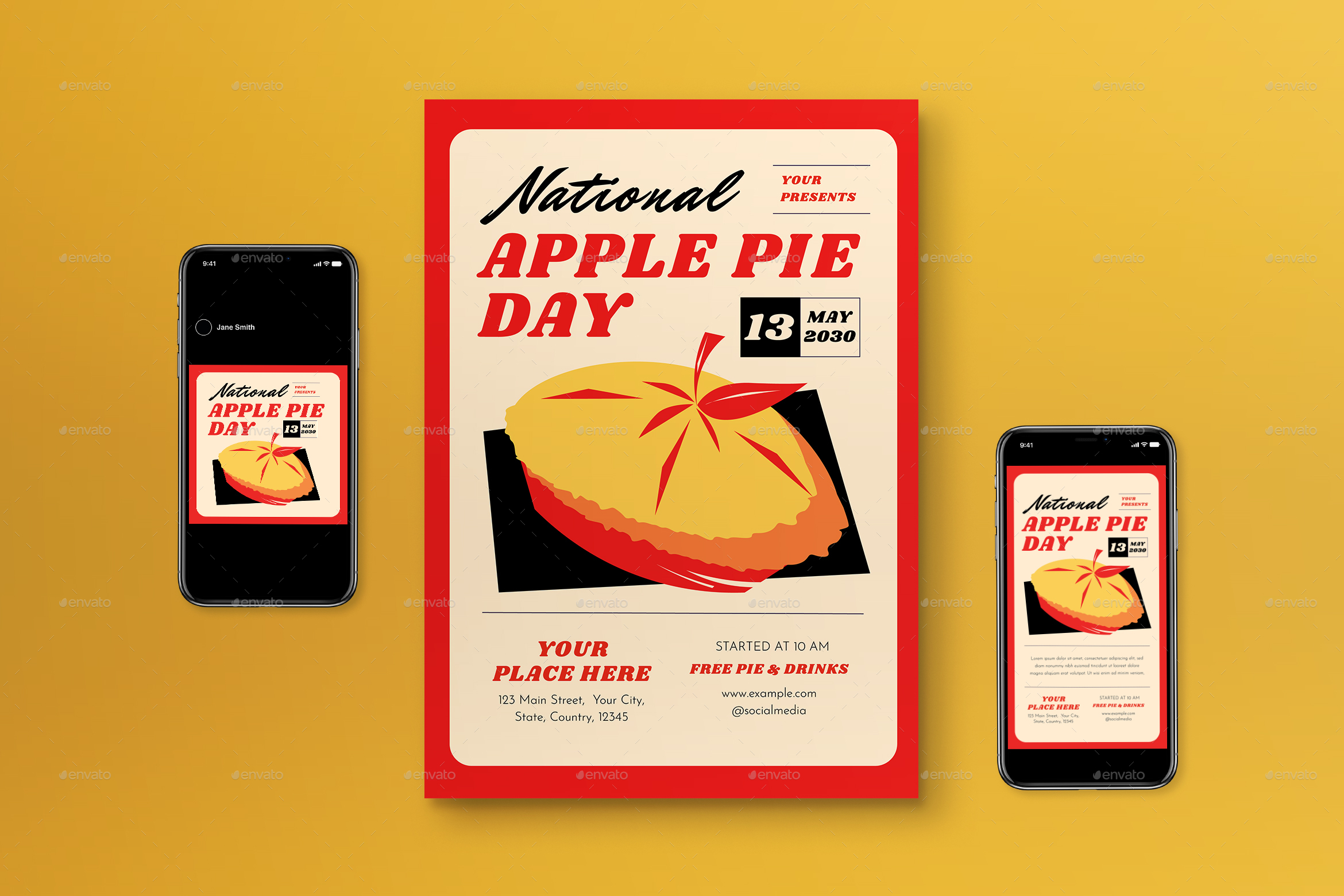 Red Retro National Apple Pie Day Flyer Set, Print Templates | GraphicRiver