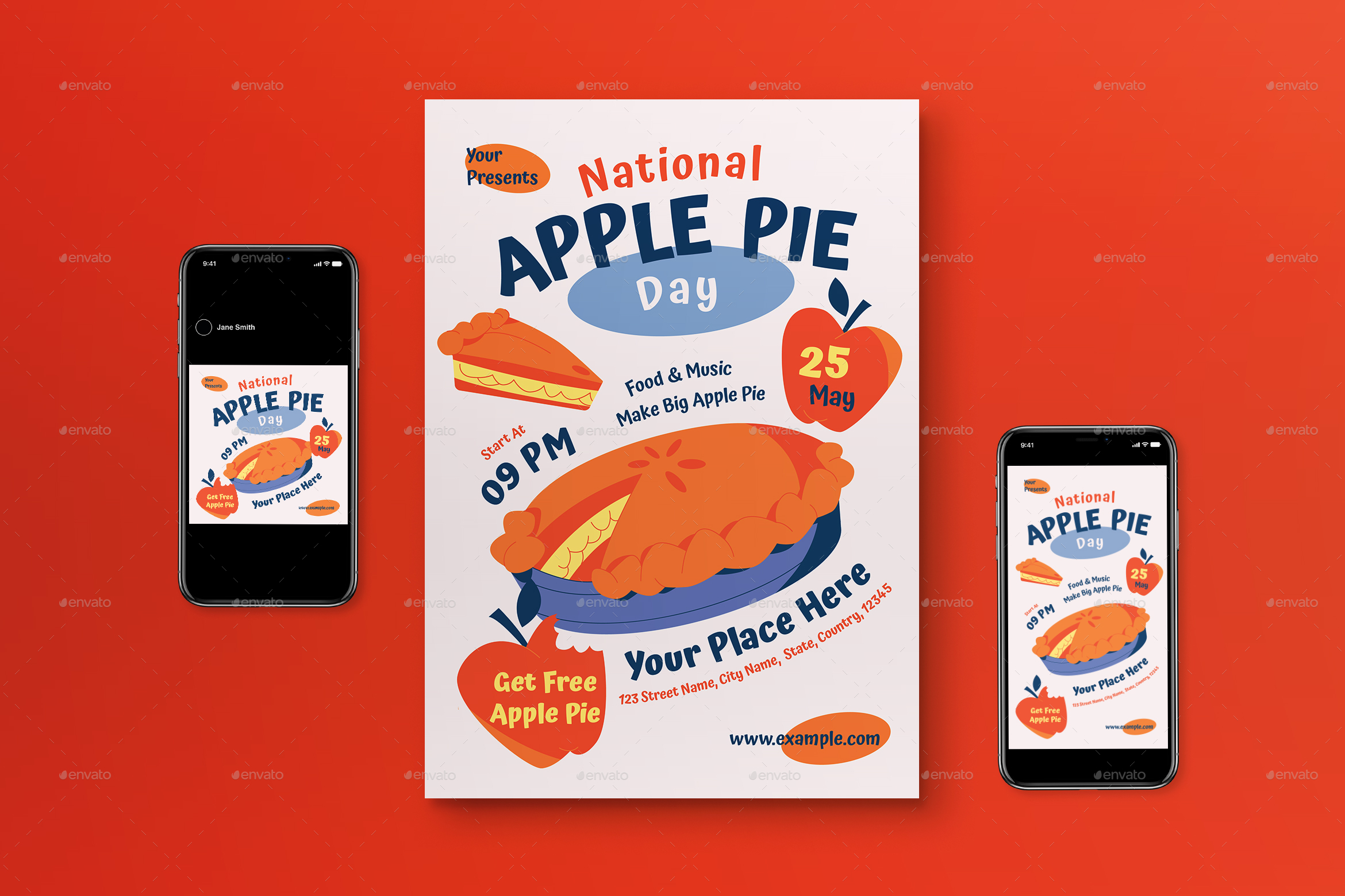 White Doodle National Apple Pie Day Flyer Set, Print Templates ...