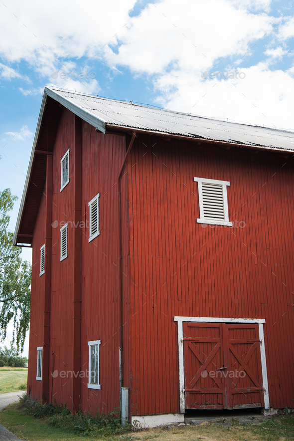 facade of red farm building, Hamar, Hedmark, Norway Stock Photo by ...