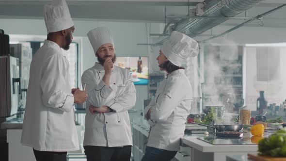 Diverse Team of Chefs Having Conversation About Cooking Dish, Stock Footage