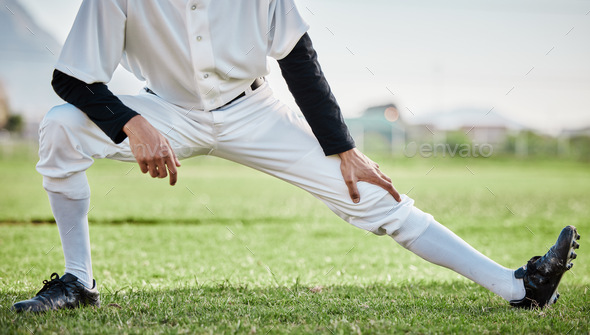 Baseball stadium, stretching legs or athlete on field ready for ...