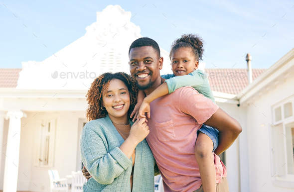 Black family, portrait smile and hug for real estate, new home or ...