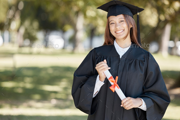 Graduation, education and portrait of student on campus with smile for ...