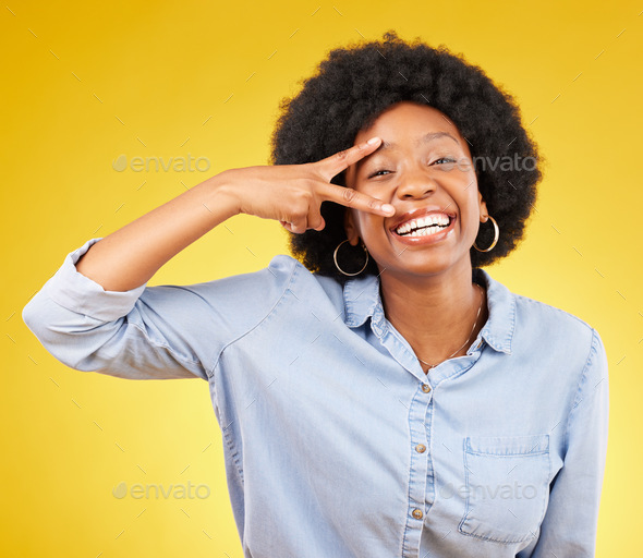 Black woman, peace sign and smile portrait in studio while happy on ...