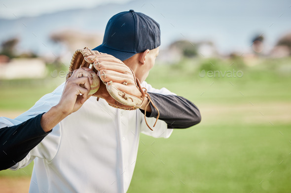 Pitcher, back view or sports man in baseball stadium in a game on ...
