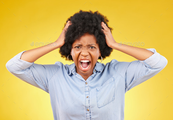Crazy, face portrait and black woman scream, shout and yell from mental ...