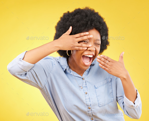 Excited black woman surprised hand on face and shocked winning person ...
