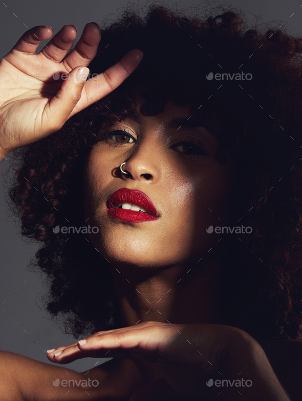 Red lipstick, shadow and makeup on black woman with beauty, afro or ...