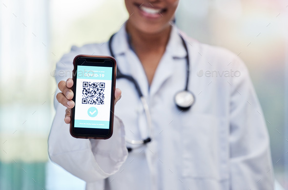 QR code, screen and doctor showing scan test results on contactless ...