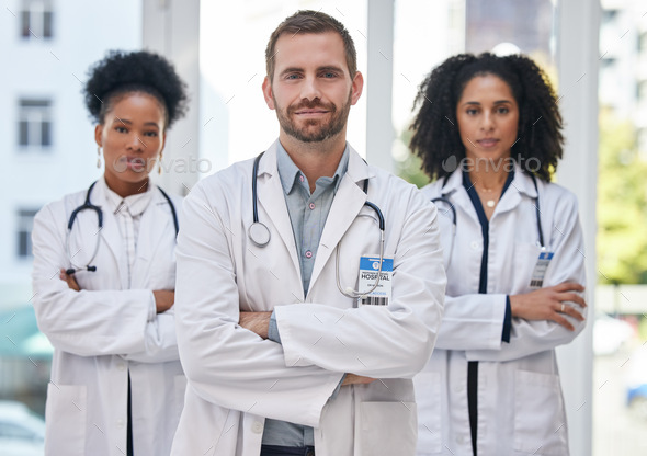 Portrait, serious and doctors at hospital proud, empowered and focus on ...