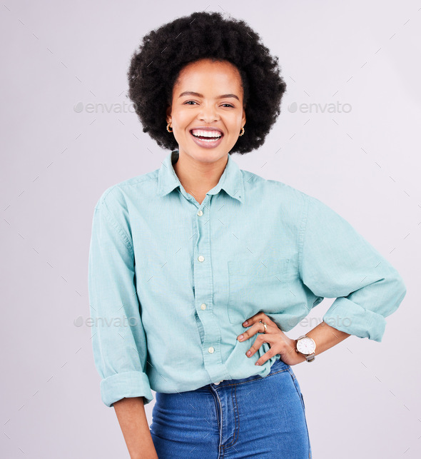 Confidence, laugh and portrait of black woman in studio for happy ...