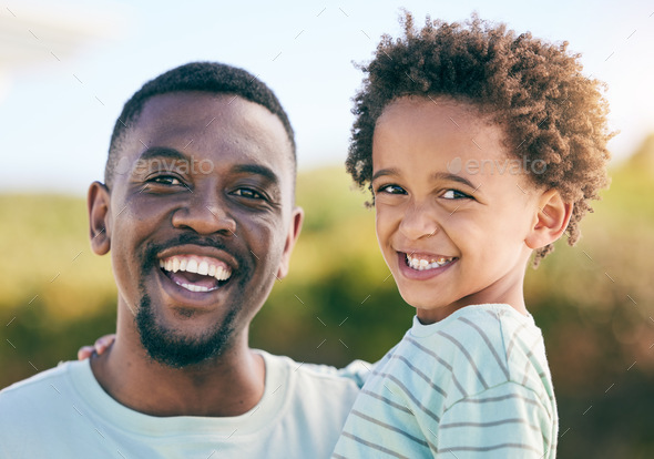Black family, portrait and dad smile with young child together outdoor ...
