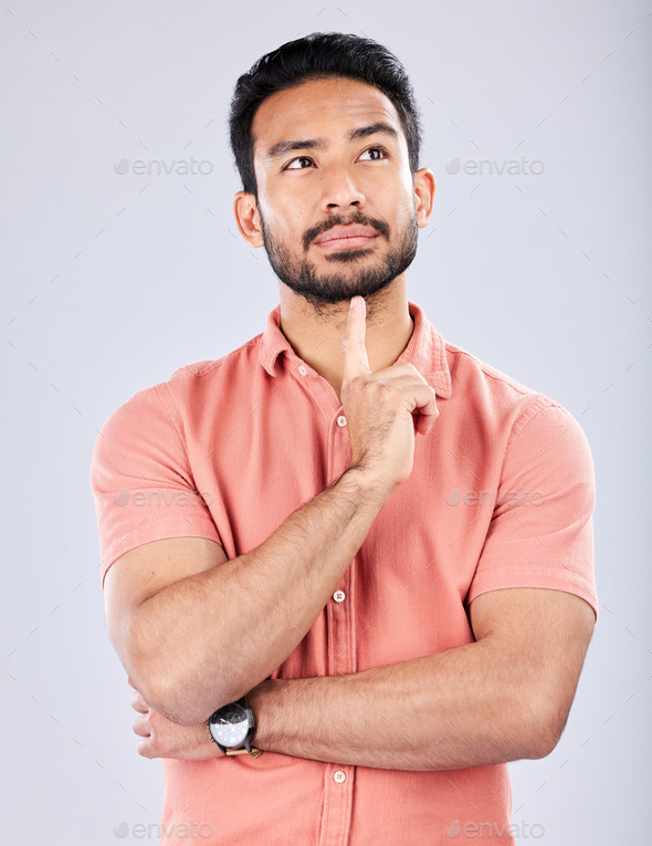 Thinking, idea and face of man on a white background with thoughtful ...