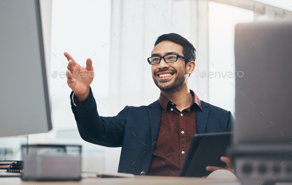 Invisible screen, computer and business man in office with hand gesture ...