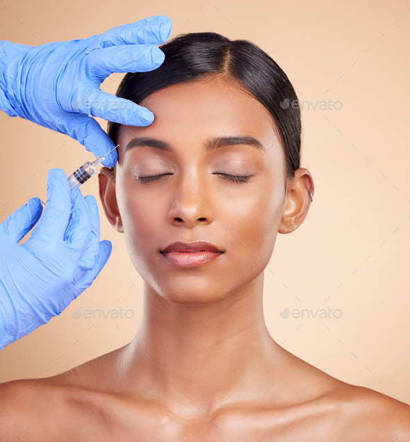 Studio, face lift or Indian woman with injection for botox, plastic ...