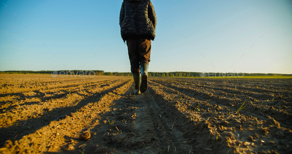 Low angle: man walking in rubber boots in a farmer's field, the blue ...