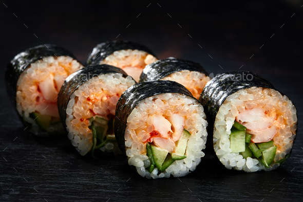 Sushi rolls, traditional Japanese food rice, nori and seafood, menu ...
