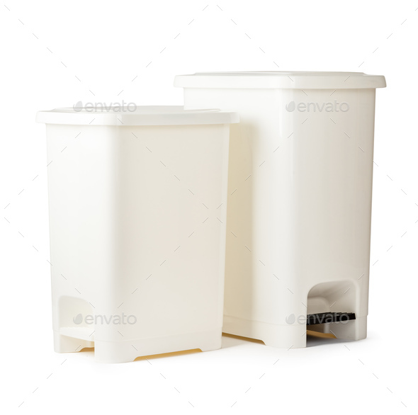 White plastic waste bin isolated on white Stock Photo by FabrikaPhoto